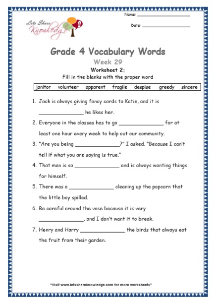 Grade 4: Vocabulary Worksheets Week 29 – Lets Share Knowledge