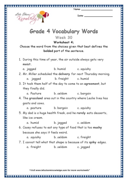 Grade 4: Vocabulary Worksheets Week 30 – Lets Share Knowledge