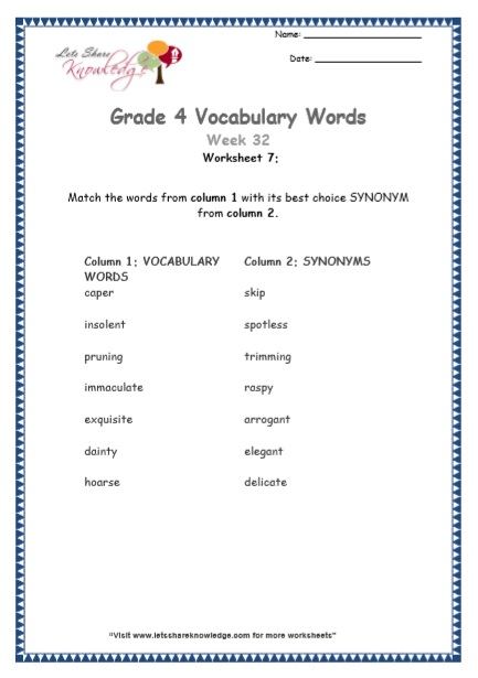 Grade 4: Vocabulary Worksheets Week 32 – Lets Share Knowledge