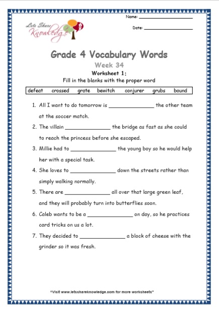 Grade 4: Vocabulary Worksheets Week 34 – Lets Share Knowledge