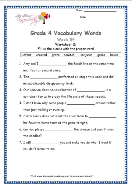 Grade 4: Vocabulary Worksheets Week 34 – Lets Share Knowledge