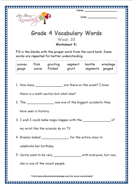 Grade 4: Vocabulary Worksheets Week 35 – Lets Share Knowledge