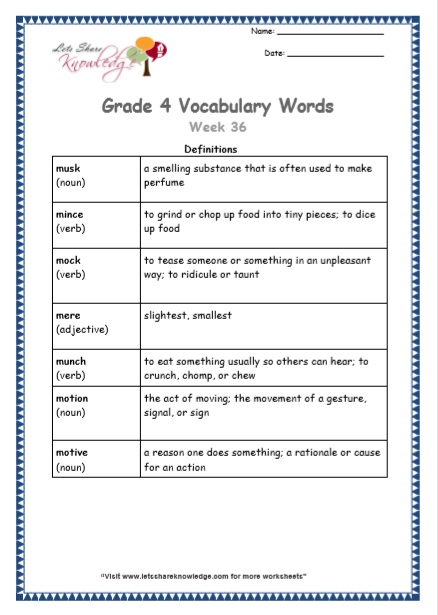 Grade 4: Vocabulary Worksheets Week 36 – Lets Share Knowledge