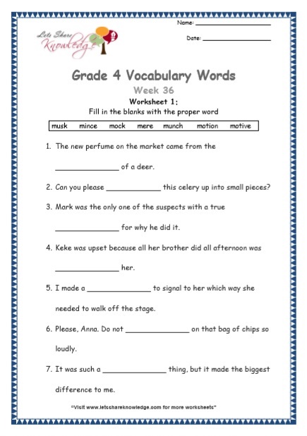Grade 4: Vocabulary Worksheets Week 36 – Lets Share Knowledge