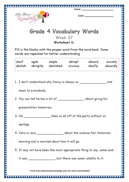 Grade 4: Vocabulary Worksheets Week 37 – Lets Share Knowledge