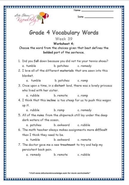 Grade 4: Vocabulary Worksheets Week 39 – Lets Share Knowledge