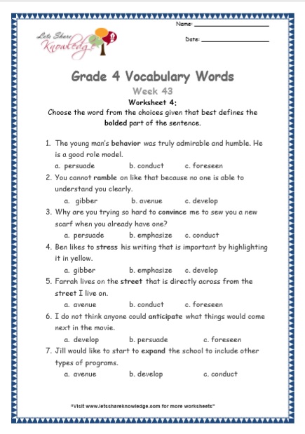 Grade 4: Vocabulary Worksheets Week 43 – Lets Share Knowledge