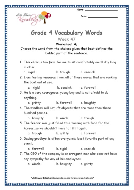 Grade 4: Vocabulary Worksheets Week 47 – Lets Share Knowledge
