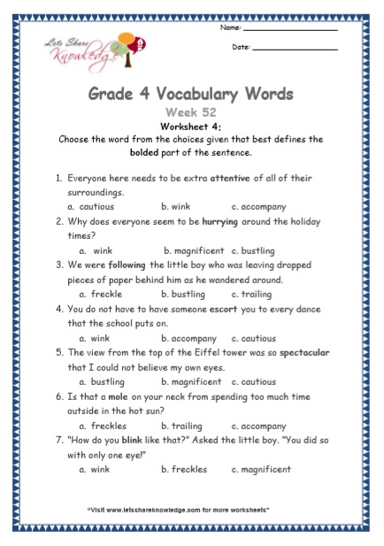 Grade 4: Vocabulary Worksheets Week 52 – Lets Share Knowledge