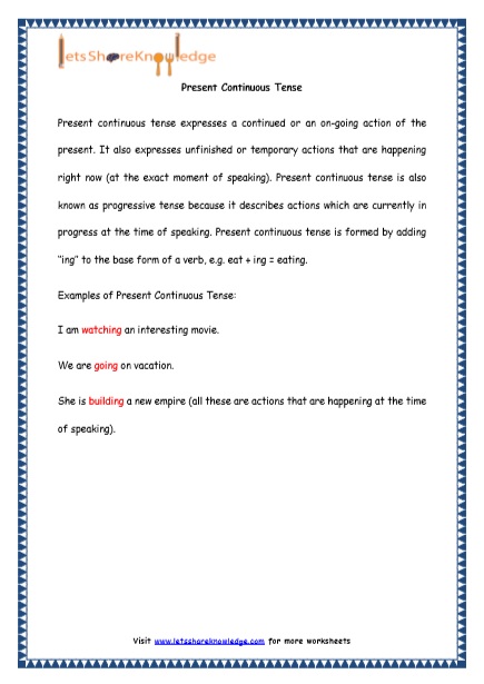 Grade 4 English Resources Printable Worksheets Topic: Present ...