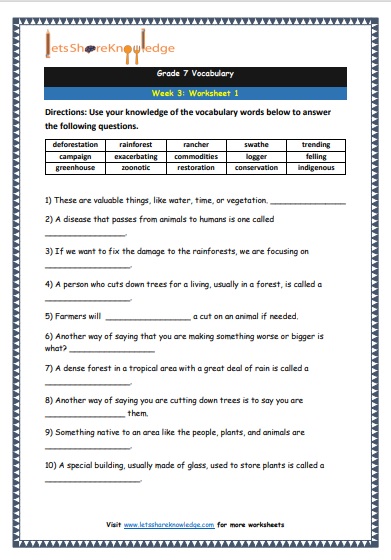 Grade 7: Vocabulary Worksheets Week 3 – Lets Share Knowledge