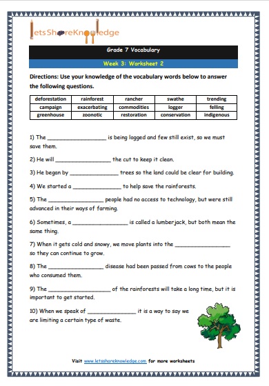 Grade 7: Vocabulary Worksheets Week 3 – Lets Share Knowledge
