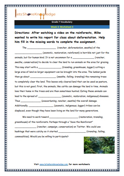 Grade 7: Vocabulary Worksheets Week 3 – Lets Share Knowledge