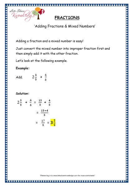 Grade 4 Maths Resources (2.4.4 Adding Fractions and Mixed Numbers ...
