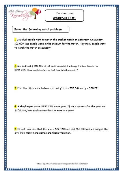 Subtraction Word Problems Worksheets For