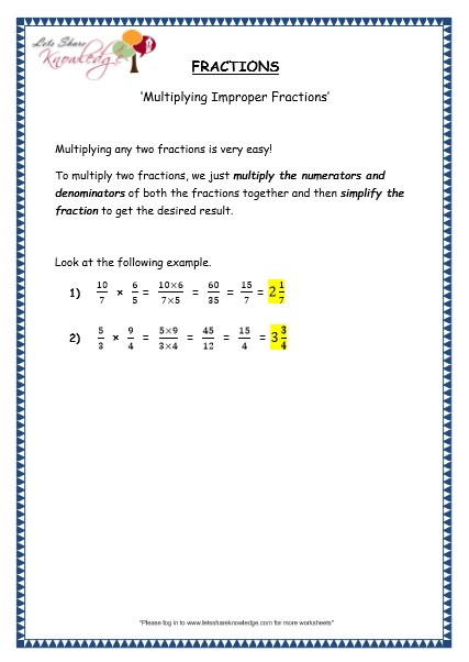 Multiplying Improper Fractions Worksheet