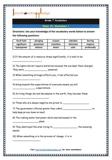 Grade 7: Vocabulary Worksheets Week 10 – Lets Share Knowledge