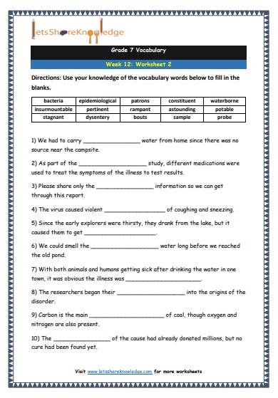 Grade 7: Vocabulary Worksheets Week 12 – Lets Share Knowledge
