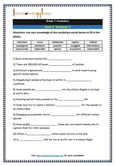 Grade 7: Vocabulary Worksheets Week 5 – Lets Share Knowledge