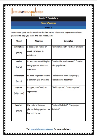 Grade 7: Vocabulary Worksheets Week 5 – Lets Share Knowledge