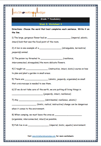Grade 7: Vocabulary Worksheets Week 8 – Lets Share Knowledge