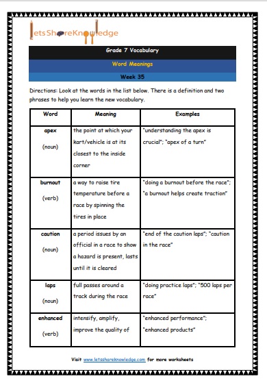 Grade 7: Vocabulary Worksheets Week 35 – Lets Share Knowledge