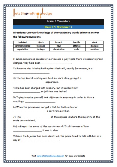 Grade 7: Vocabulary Worksheets Week 17 – Lets Share Knowledge