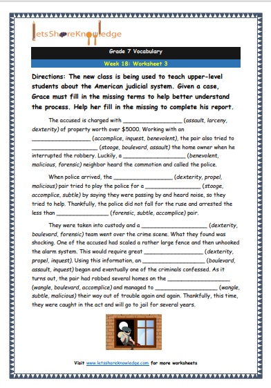 7th Grade Reading Vocabulary Worksheets