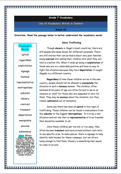 Grade 7: Vocabulary Worksheets Week 20 – Lets Share Knowledge