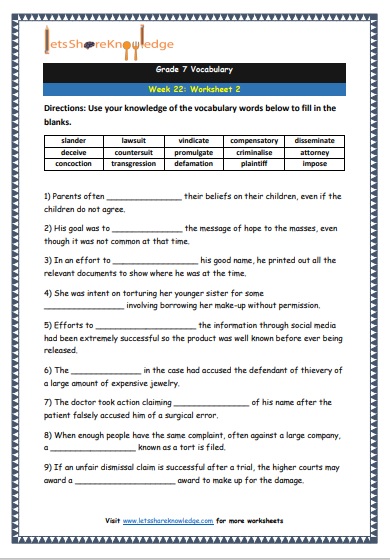 Grade 7: Vocabulary Worksheets Week 22 – Lets Share Knowledge