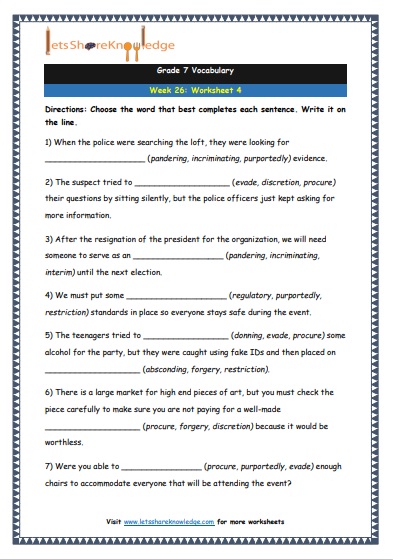 Grade 7: Vocabulary Worksheets Week 26 – Lets Share Knowledge