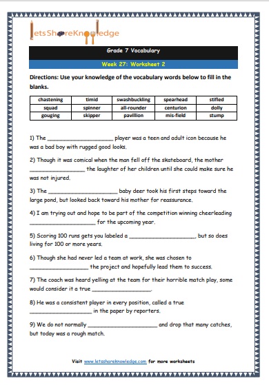 Grade 7: Vocabulary Worksheets Week 27 – Lets Share Knowledge