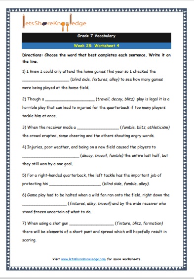 Grade 7: Vocabulary Worksheets Week 28 – Lets Share Knowledge