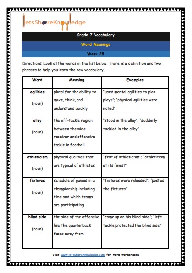 Grade 7: Vocabulary Worksheets Week 28 – Lets Share Knowledge
