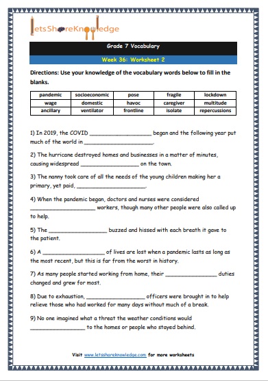 Grade 7: Vocabulary Worksheets Week 36 – Lets Share Knowledge