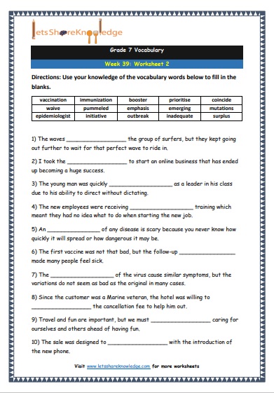 Grade 7: Vocabulary Worksheets Week 39 – Lets Share Knowledge