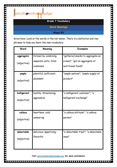 Grade 7: Vocabulary Worksheets Week 50 – Lets Share Knowledge