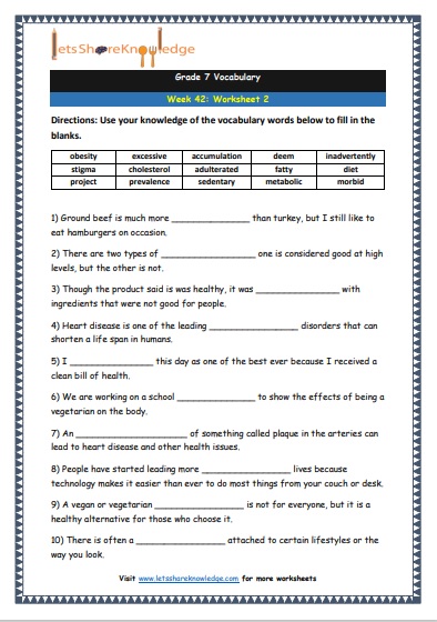 Grade 7: Vocabulary Worksheets Week 42 – Lets Share Knowledge
