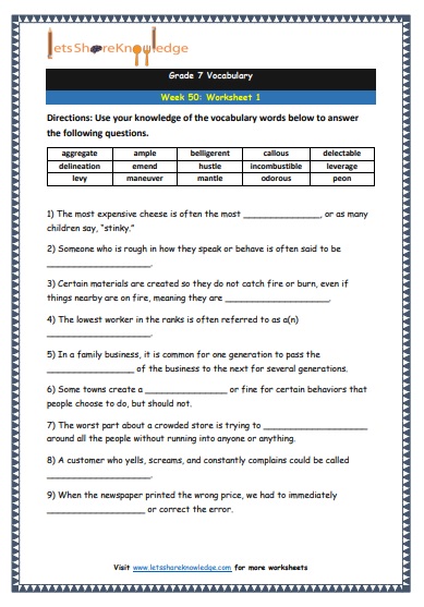 Grade 7: Vocabulary Worksheets Week 50 – Lets Share Knowledge